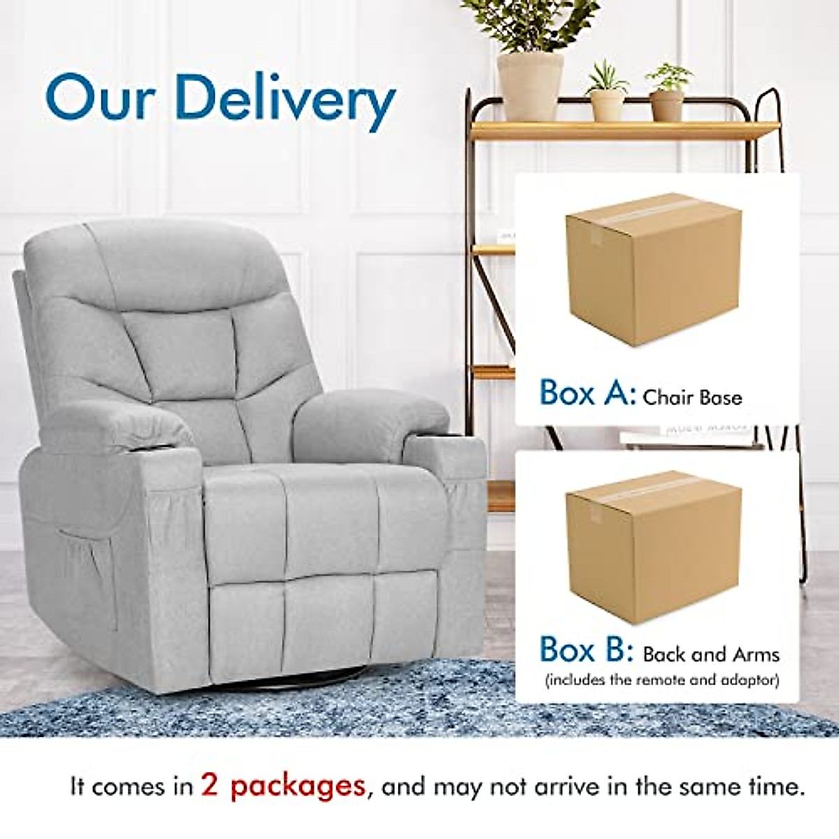 Giantex Swivel Rocker Recliner Chairs with Massage and Heating, 360 Degree Swivel Single Sofa w/Remote Control, 4 Pockets & 2 Cup Holders, Glider Chair for Nursery Living Room Bedroom (Grey)