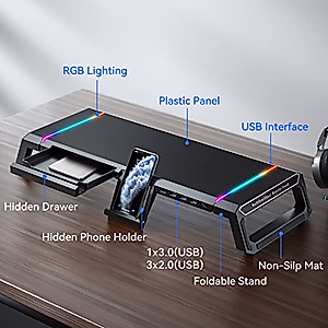 KYOLLY RGB Gaming Computer Monitor Stand Riser - 1 USB 3.0 and 3 USB 2.0 Hub, 3 Length Adjustable Computer Monitor Stand with Drawer,Storage and Phone Holder