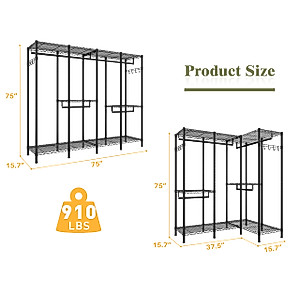 Raybee Clothes Rack, Clothing Rack Heavy Duty Clothing Racks for Hanging Clothes 910LBS, Metal Garment Rack Heavy Duty Clothes Rack Freestanding Wardrobe Closet Rack, 75" H x 75" W x 15.7" D, Black