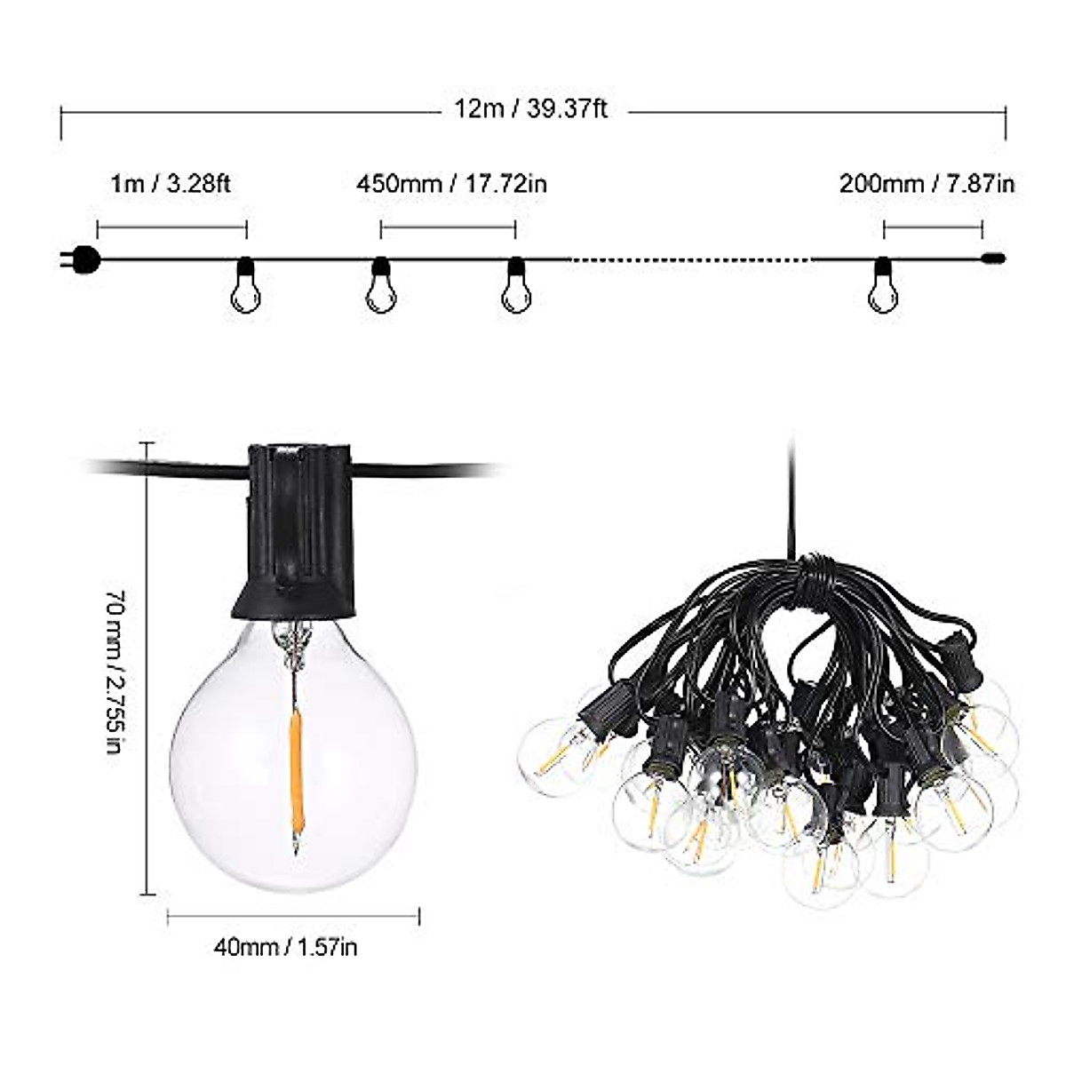 LED Globe G40 Outdoor String Lights, 40Ft Patio Lights with 25+3 Glass Bulbs(1w, 2700k), Commercial Hanging Lights for Backyard Bistro Pergola Party Decor