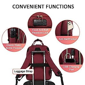 LOVEVOOK Laptop Backpack Purse for Women with 15.6-inch Laptop Compartment, Large Travel Anti-theft Work Bags with Lock, Business Computer College Backpacks, Casual Daypack with USB Port, Wine Red
