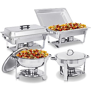 SUPER DEAL Stainless Steel Combo - 2 Round Chafing Dish and 2 Rectangular Chafers with FoldableFrames