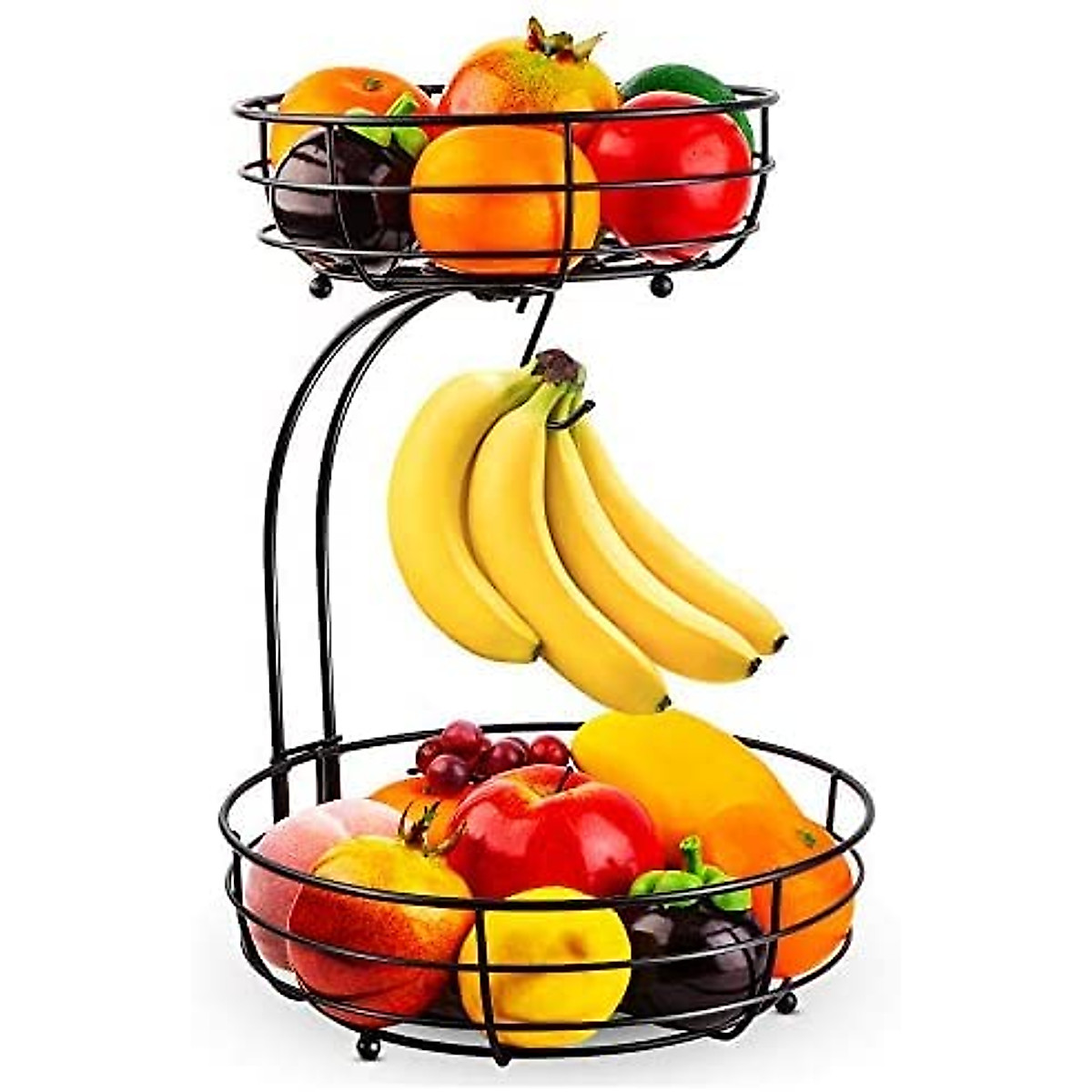 VANDHOME 2-Tier Countertop Fruit Vegetables Baske Iron With Banana Hanger, Metal Wire Vegetable Produce Storage Baskets for Kitchen, Fruits Stand Holder Organizer for Bread Snack Veggies, Black