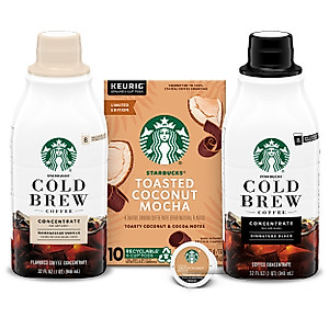 Starbucks Summer Variety Pack, K-Cup Coffee Pods Naturally Flavored Toasted Coconut Mocha And Cold Brew Concentrates Signature Black, Madagascar Vanilla, 100% Arabica, 10 pods And 32 fl oz each