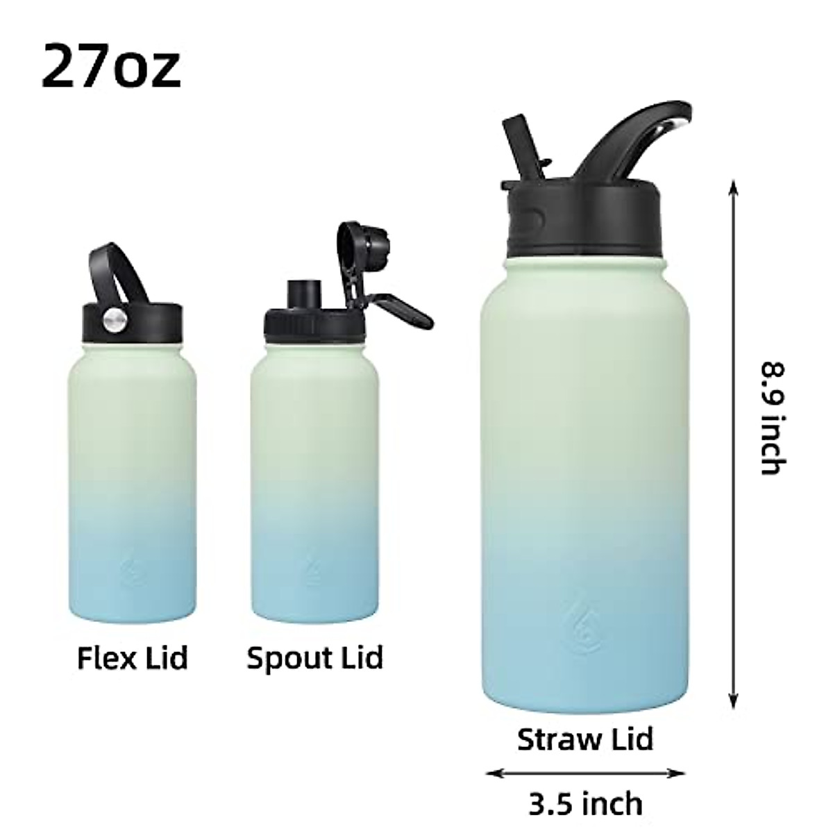 BJPKPK Insulated Water Bottles with Straw Lid, 27oz Stainless Steel Water Bottle with 3 Lids, Leak Proof BPA Free Metal Thermos Mug, Sports Water Bottle Keep Cold & Hot-Mint