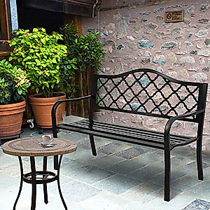 Giantex 50" Patio Garden Bench Loveseats Park Yard Furniture Decor Cast Iron Frame Black (Black Style 1)