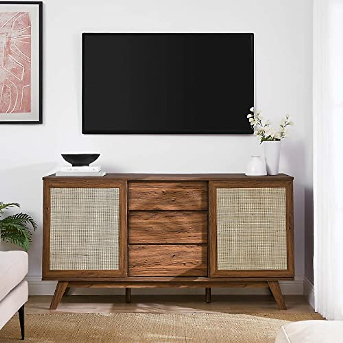 Modway Soma 59" Rattan High TV Stand Sideboard, Walnut