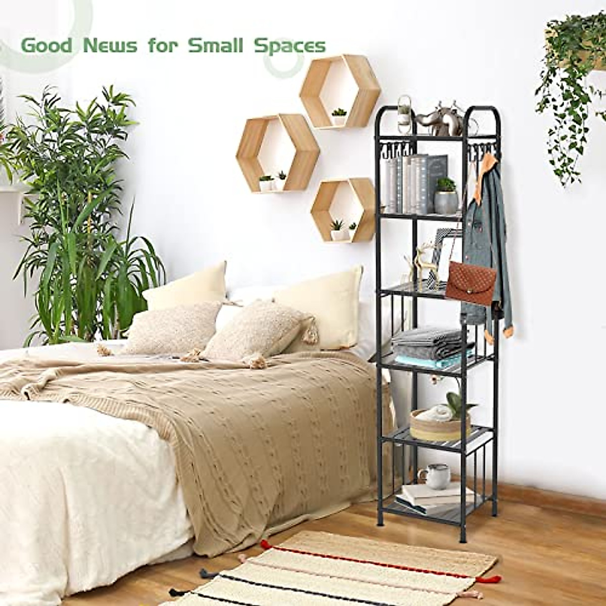 6 Tier Narrow Metal Bathroom Towel Storage Shelving Unit with 10Pcs S Hooks, Freestanding Corner Rack Shelves for Small Spaces, Practical Shelf Bookshelf for Bedroom Pantry Laundry Kitchen (Black)…