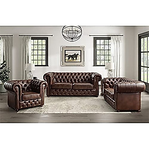 Pemberly Row Chesterfield Tufted Faux Leather Sofa, 3 Seater Antique Roll Arm Sofa Couch for Home Living Room, Dark Cognac Brown