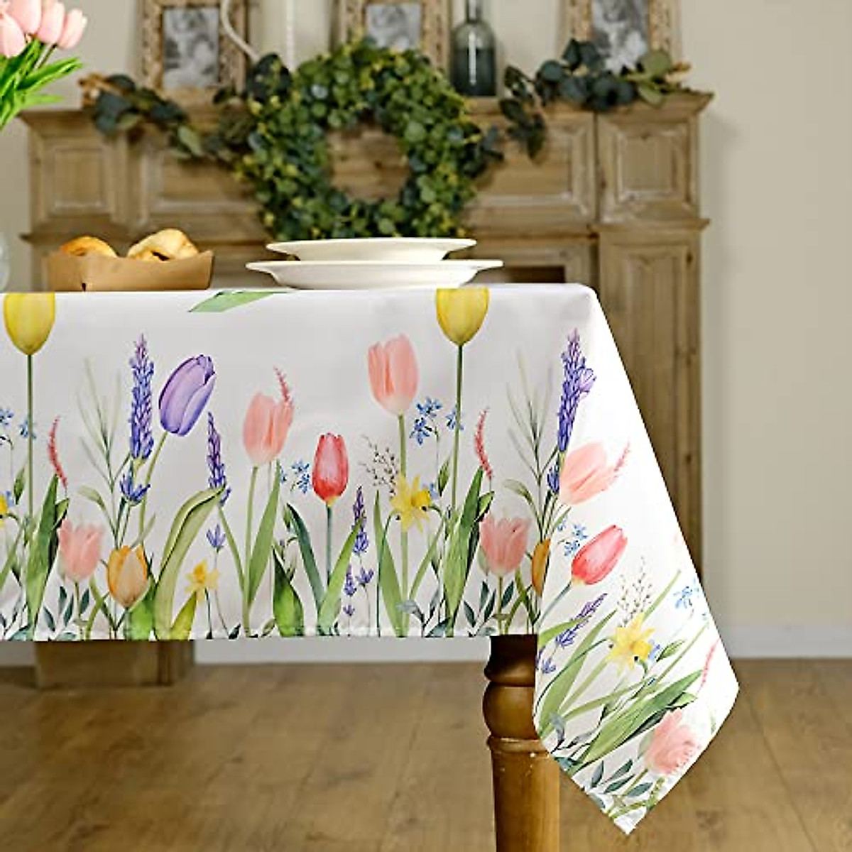 GEEORY Spring Easter Floral Tablecloth Rectangle 60X84 Inch Yellow Tulip Summer Decor Indoor Outdoor Seasonal Table Cover for Home Kitchen Dining Table ATC005