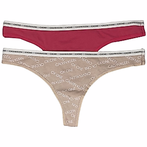 Calvin Klein One Cotton 2-Pack Thong Raspberry Sorbet/Caution Logo/Beechwood LG (Women's 12-14)