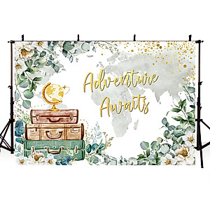 MEHOFOND 7x5ft Adventure Awaits Baby Shower Party Decorations Backdrop Eucalyptus White Floral Suitcases Travel Around The World Map Bridal Wedding Shower Photography Background Photo Banner