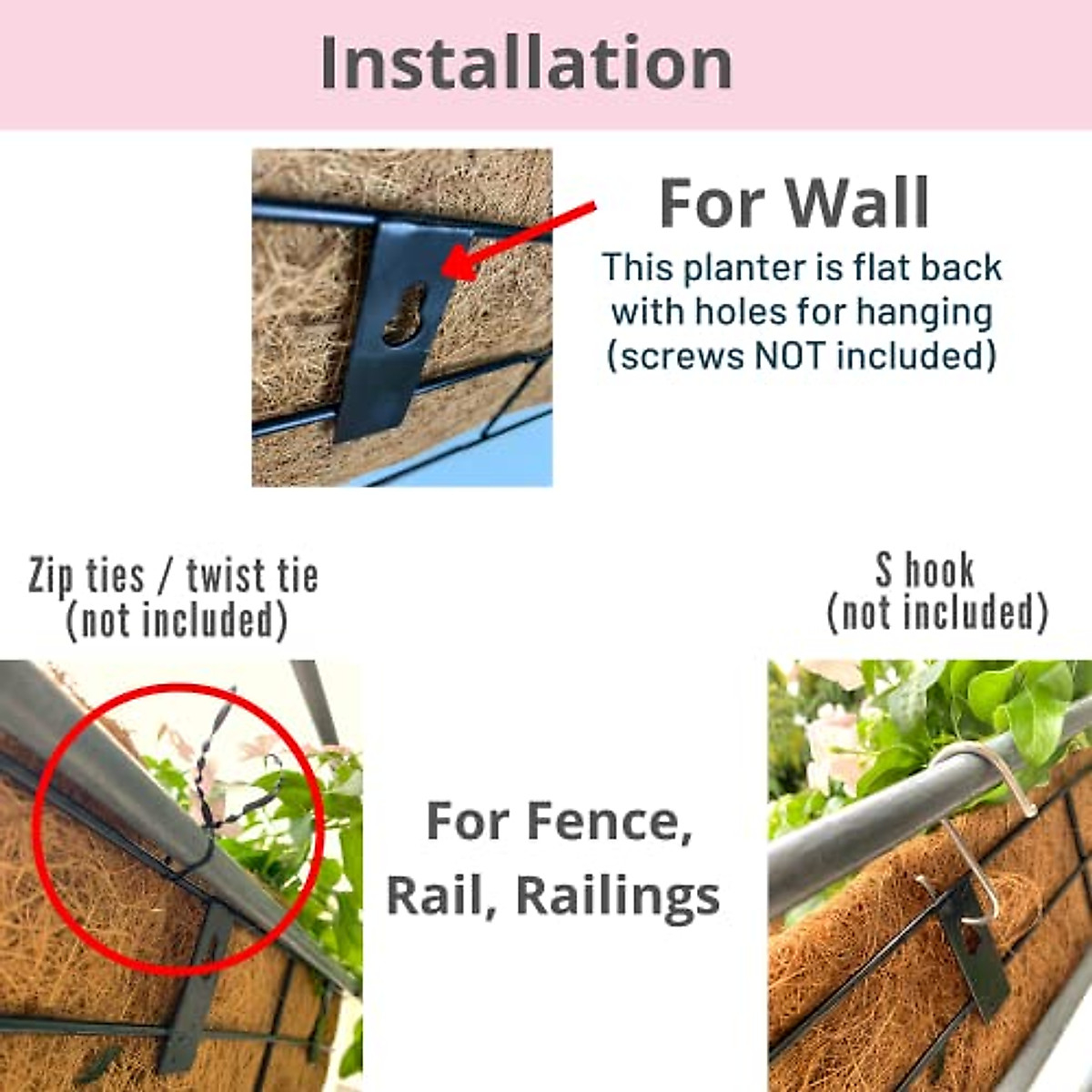 LaLaGreen Wall Planters - 16 Inch, 2 Pack Window Flower Boxes Basket Attach to House, Deck Railing Planters with Coco Liners Outdoor Balcony, Metal English Horse Troughs Fence Patio Porch Over Rail