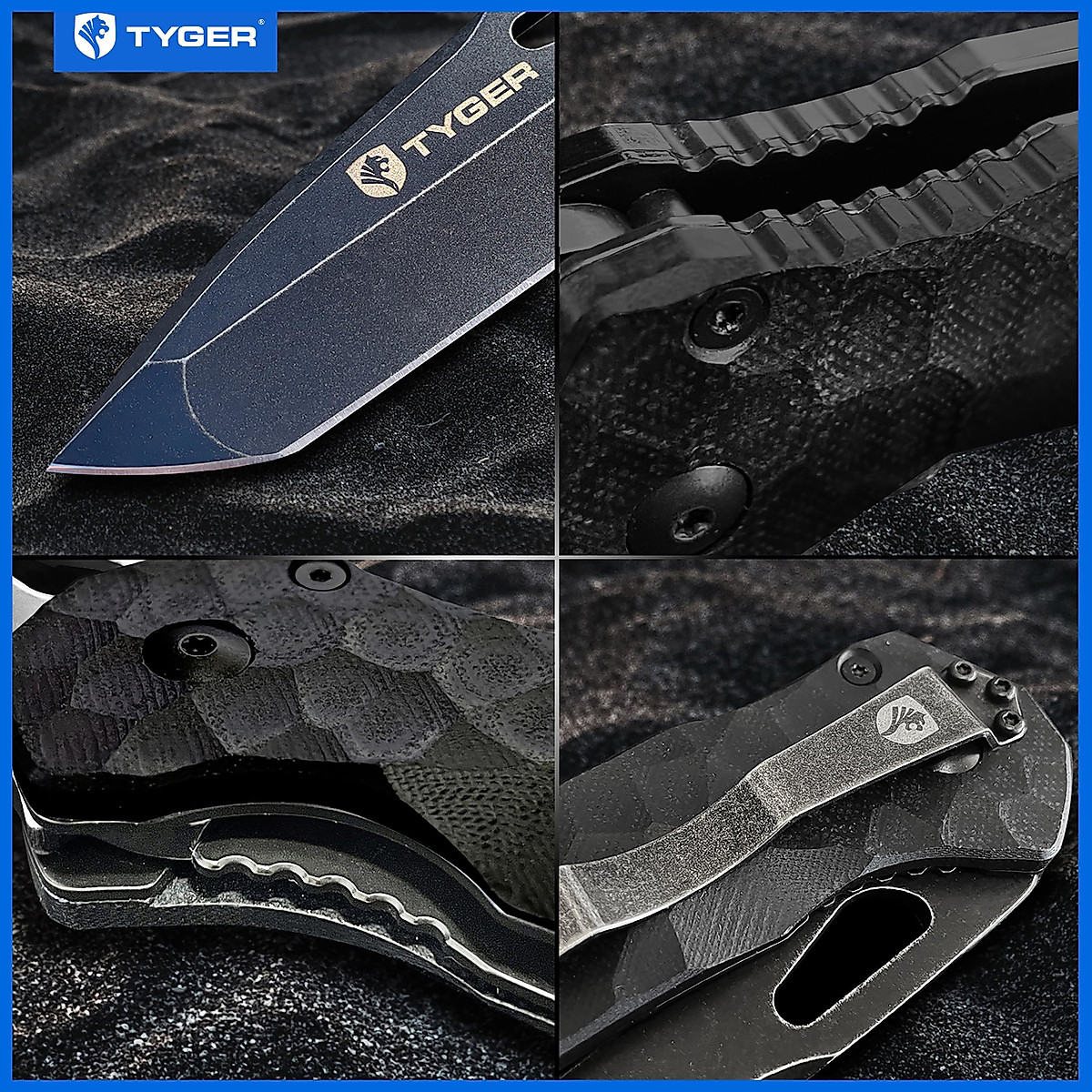 Tyger K4 EDC Folding Pocket Knife | Stone-washed AUS-8 Steel Blade with Black Titanium Ion Carbide Coating | Black G-10 Handle | TG-KF7A2858