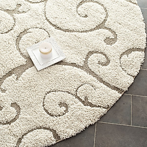 SAFAVIEH Florida Shag Collection Area Rug - 6'7" Round, Cream & Beige, Scroll Design, Non-Shedding & Easy Care, 1.2-inch Thick Ideal for High Traffic Areas in Living Room, Bedroom (SG455-1113)