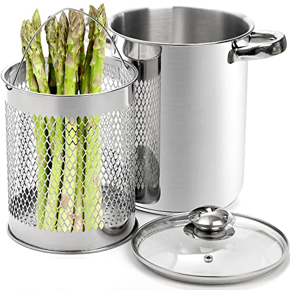 AVLA Asparagus Pot, 4 Quart Stainless Steel Steamer Cooker, Vegetable Asparagus Cooker with Removable Basket and Lid for Pasta, Spaghetti, Boiled Eggs, Shrimp, Oil Deep Fry Pan for French Fries