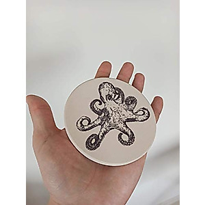 Octopus Coasters - Octopus Table - 6 Octopus Coasters for Drinks - Nautical Coasters Stone Absorbent Beige Ceramic 4.13 inch - Beach Theme - Coastal Coasters - Steampunk Coasters Set Gift