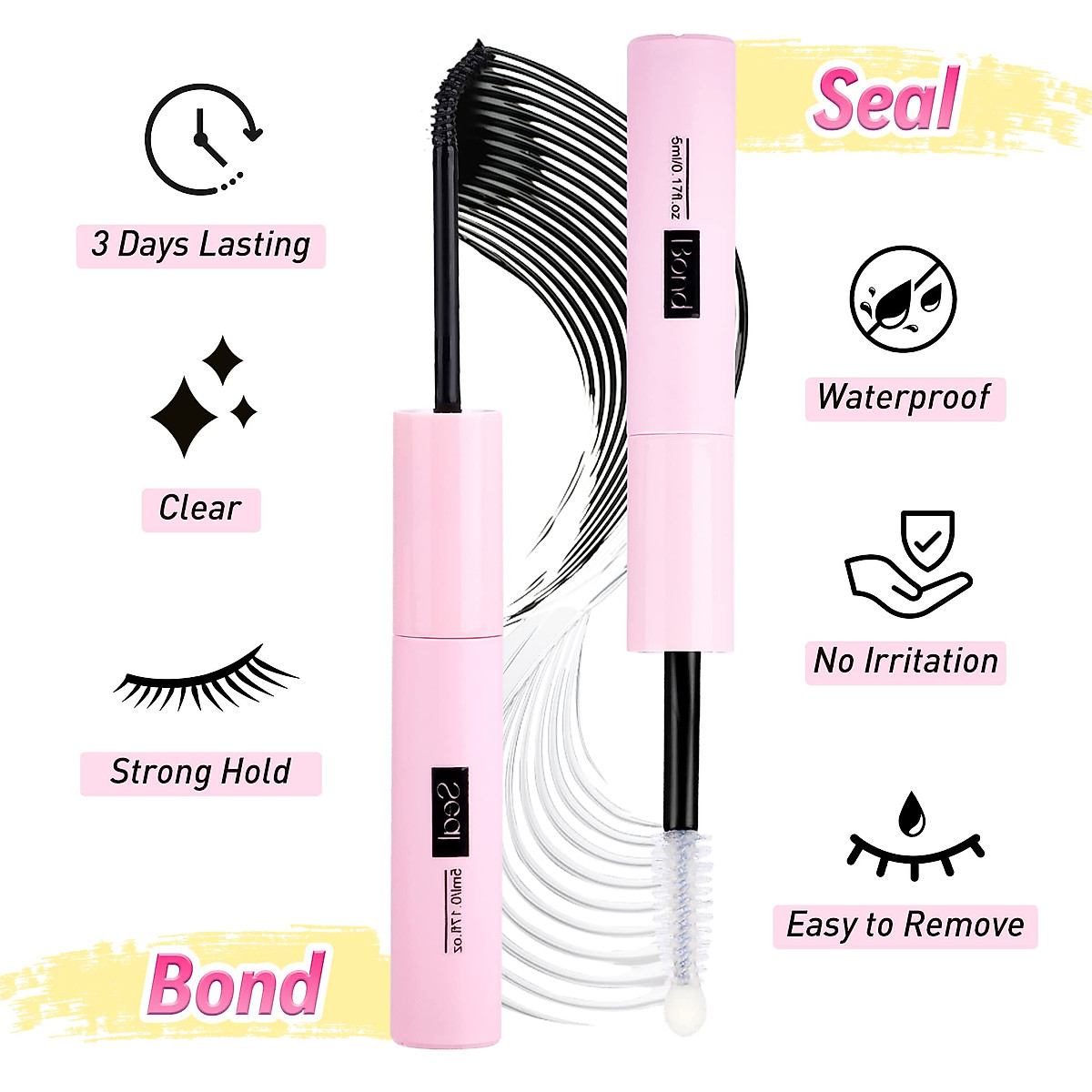 Cluster Lashes Glue for Eyelash Extensions Individual Bond and Seal Lashes Glue Strong Hold 72 Hours Eyelashes Glue Waterproof Clump-Resistant Lash Glue Mascara