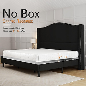 Jocisland Queen Size Platform Bed Frame,Velvet Fabric Upholstered Bed with Tall Arched Headboard & Nailhead Trim Wingback Headboard/No Box Spring Needed/Black