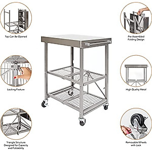 Origami Stainless Steel Cart on Wheels, 3-Tier Foldable Rolling Cart Made of Commercial-Grade Metal - Stainless Steel Design for Chefs Outdoor Food Prep Folding Kitchen Cart