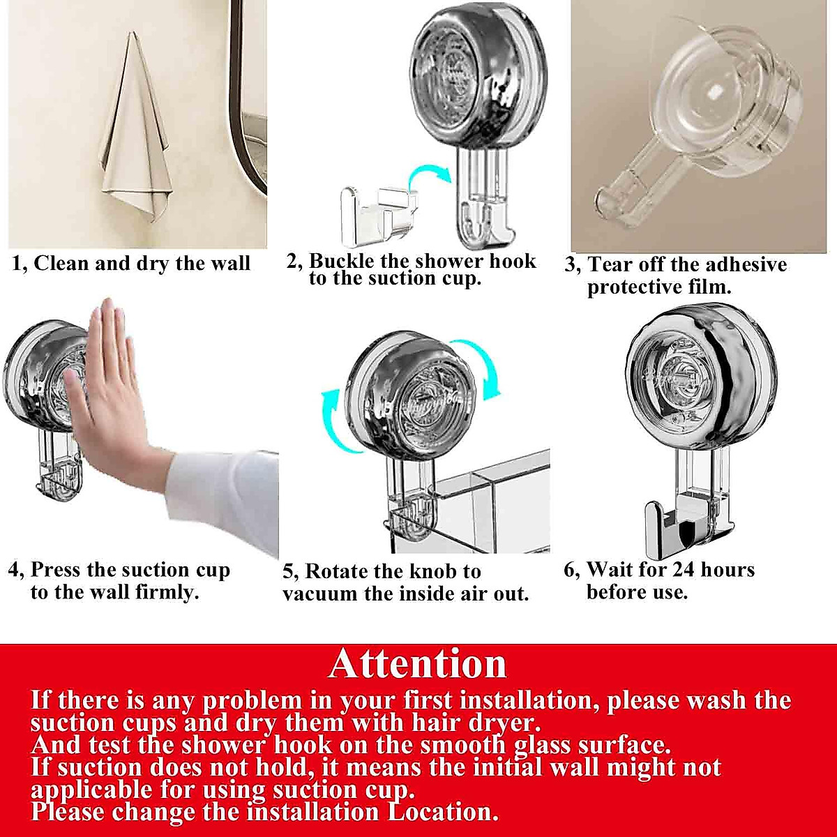 Suction Cup Hooks for Shower, Heavy Duty Hanging Shower Hooks Bathroom Towel Hooks, Suction Hanger Wall Hooks for Bathroom Kitchen for Glass Window, Clear White and Silver