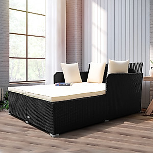 RELAX4LIFE Rattan Patio Outdoor Daybed, Wicker 2-Person Sunbed Loveseat with Soft Cushions, 4 Pillows, Curved Backrest & Armrest, Double Bed Lounger Sofa Set for Balcony Porch, Patio Bed (Beige)