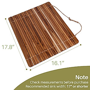 HTB Over Sink Dish Drying Rack 17.8'' x 16.1, Kitchen Teak Wood Roll Up Dish Drying Rack for Dishes,Plates, Bowls, Wooden Sink Cover for Counter Space