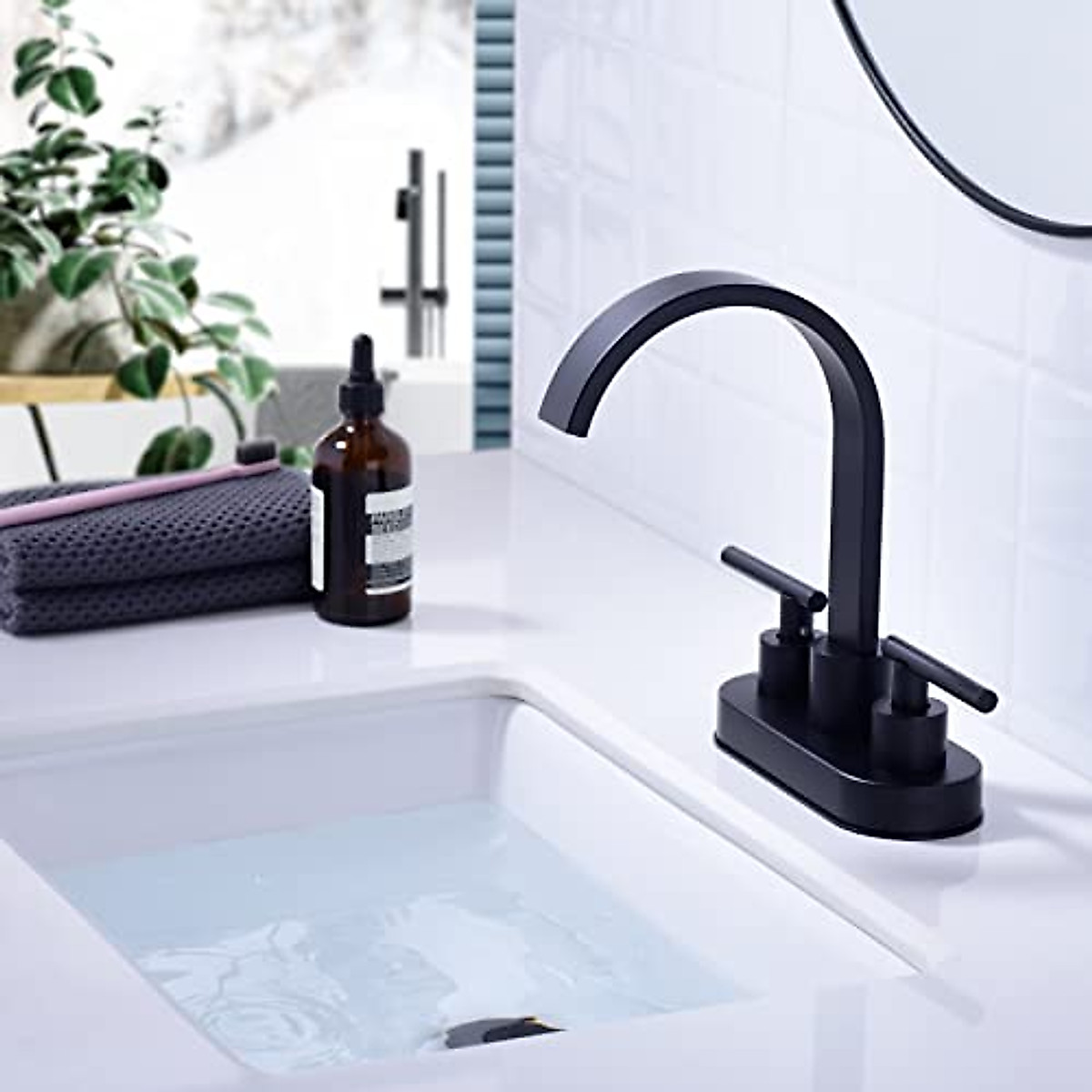 DIKUROOMS Bathroom Faucet 2 Handle 4 Inch Centerset Lavatory Vanity Sink Faucet with Overflow Pop-Up Drain and cUPC Water Supply Lines, Square Shaped 360 Degree Swivel Waterfall Spout, Matte Black
