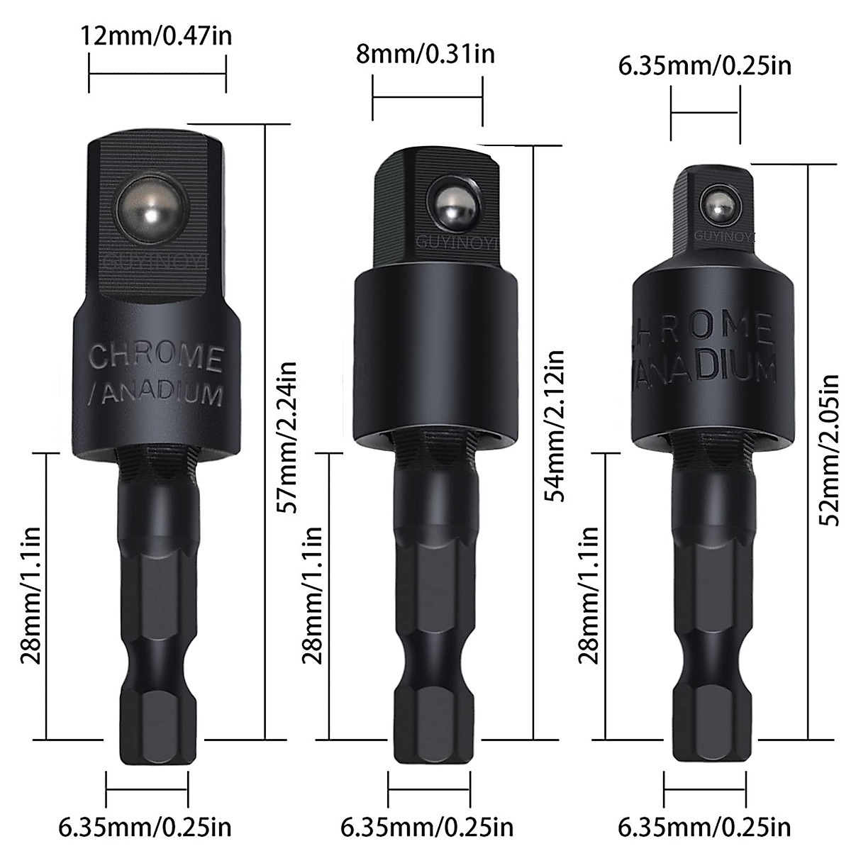 Power Hand Tools,Impact Driver Bit Set,360°Rotatable,3Pcs1/4"3/8"1/2"Hex Shank Set Power Drill Cordless Impact Sockets Bit Set Adapter,1/4Inch Hex Shank,to Drive for Adapters to Use with Drill Chucks