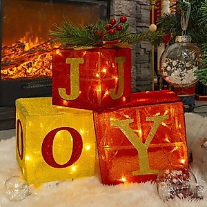 Hourleey Set of 3 Christmas Lighted Gift Boxes, Pre-lit 60 LED Light Up Joy Present Boxes Ornament Decorations for Indoor Outdoor Xmas Tree Home Yard Lawn Decor