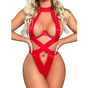 Kaei&Shi Strappy Lingerie Bondaged,Sexy G String Lingerie For Women,One Piece Choker Bodysuit Boudoir Outfits Exotic,Red,Medium