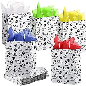 10.6 x 8.3 x 4.3 Inches Puppy Dog Paw Print Treat Bags with Twist Handles and Tissue Paper 19.7 x 13.8 Inches Assorted Wrapping Paper for DIY Crafts Holiday Christmas Birthday Party Favor (25 Pack)
