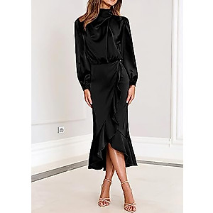 KIRUNDO Women's Fall Satin Mock Neck Wedding Guest Cocktail Midi Dress Long Sleeve Wrap Ruched Ruffle Formal Dresses(Black, Large)