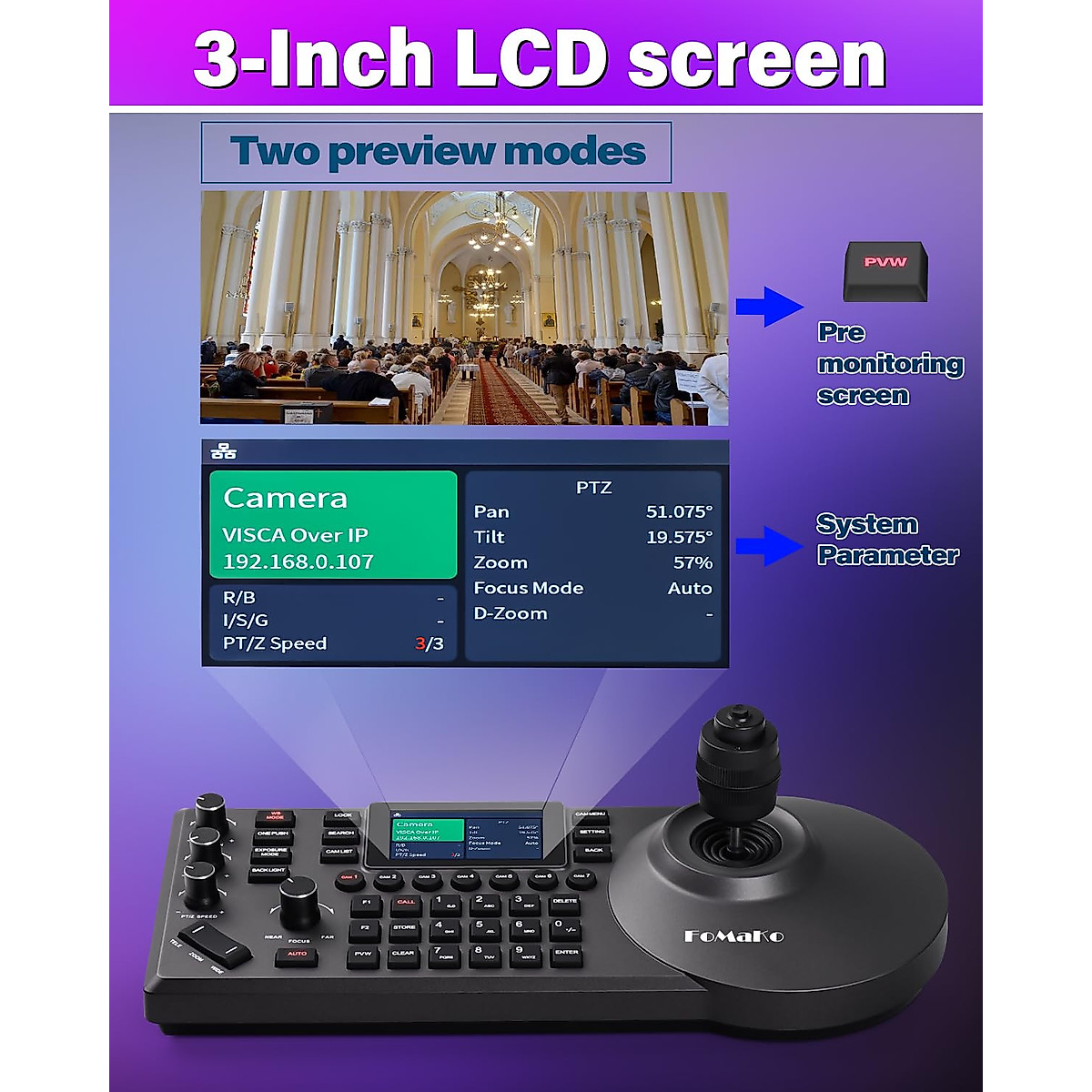 FoMaKo PTZ Controller PoE 3" LCD Screen Preview, 4D Joystick PTZ Camera Controller for Church Live Service Education, Visca PELCO D/P RS232 RS485 (No NDI License) (KC608 Pro)