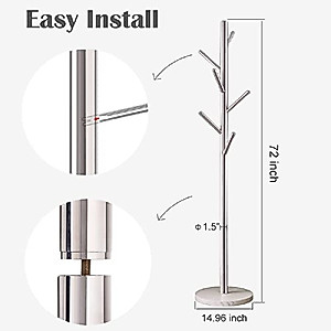 Metal Coat Rack Stand Golden Satin Steel Finish Stable Marble Base, High-Grade with Hooks Metal Tree Hat & Coat Hanger Floor Free Standing Wall Bedroom Easy Assembly (Golden)