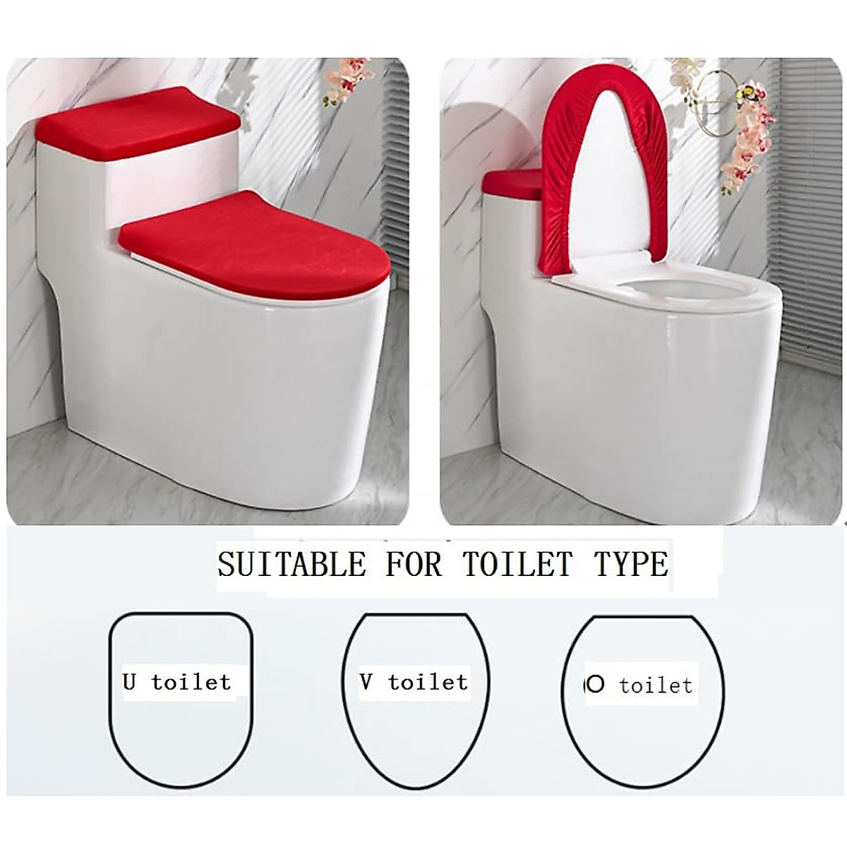 Toilet Tank Lid Cover and Toilet Lid Cover, Bathroom Toilet Lid Seat Cover Set,Toilet Protector Cover，Stretch Washable Spandex Fabric, Fits Most Toilet Tanks & Lids，Hotel and Home，Red (5)