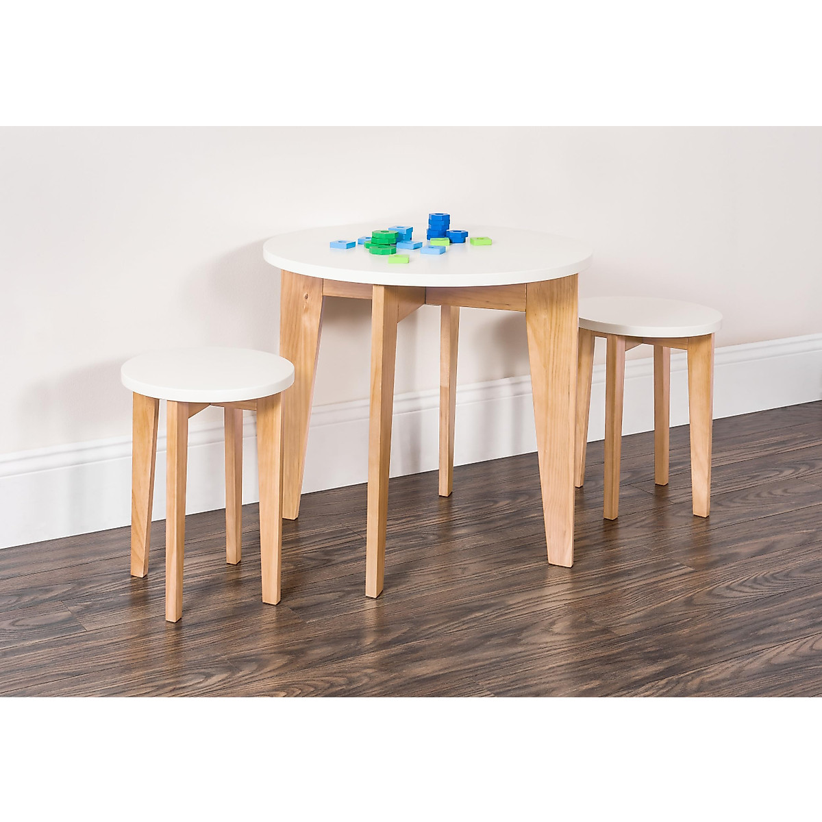Child Craft Geo Table and Stools Set, Includes Table and 2 Stools, Fun Geometric Design, for Kids Ages 3-6 Years (White/Natural)