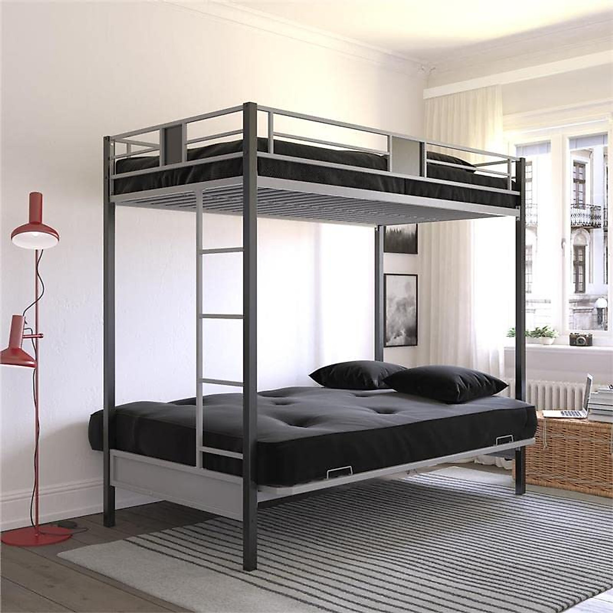 DHP Silver Screen Metal Bunk Bed with Ladder, Black, Twin