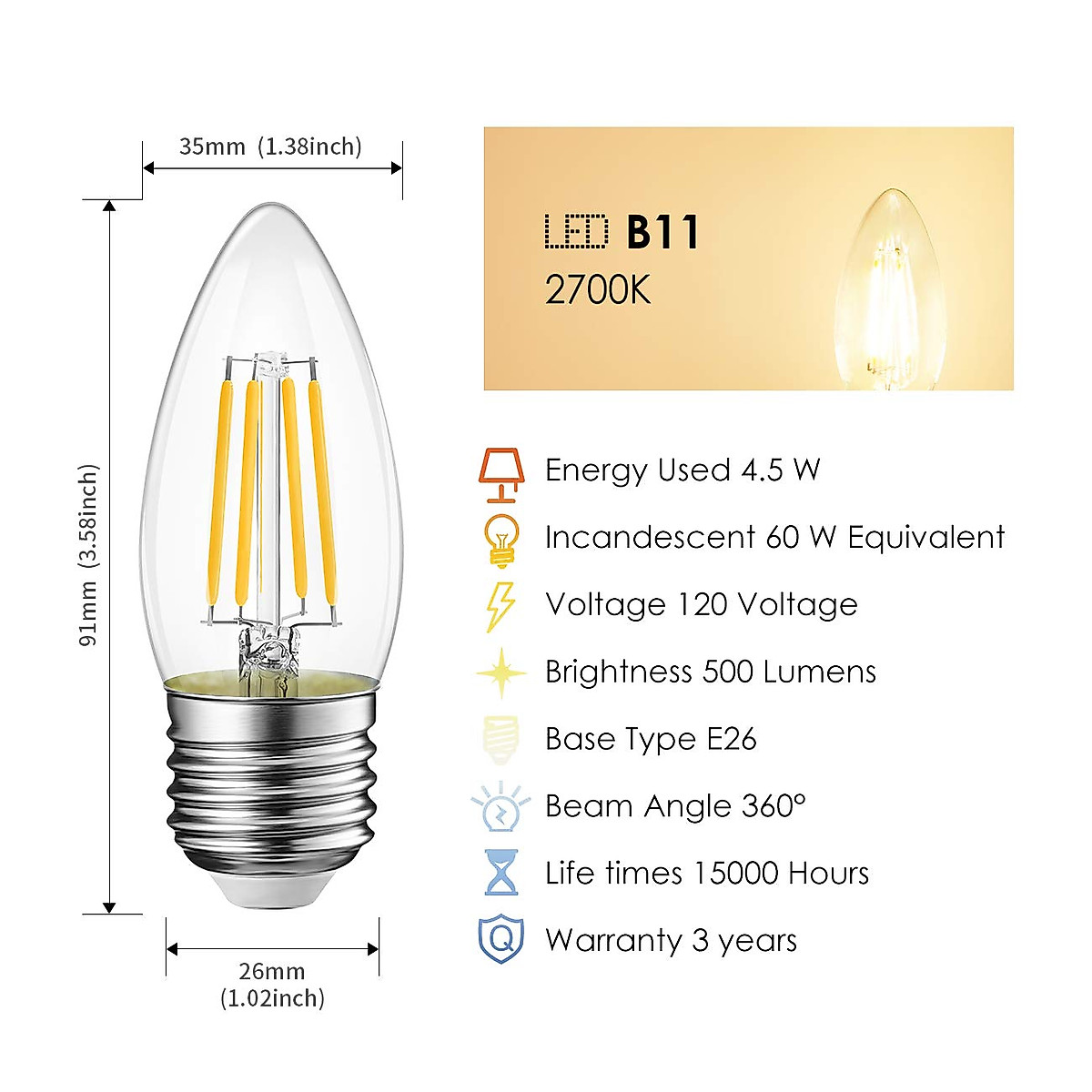 LVWIT B11 LED Filament Bulb E26 Candelabra Base 4.5W(60W Equivalent), Dimmable 2700K Warm White Chandelier Decorative Candle Light Bulb (6-Pack)