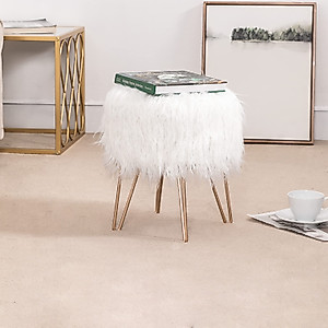 Adeco Vanity Stool Chair Round Faux Fur Ottoman with Metal Legs, Soft Furry Footrest Stool Padded Seat, Upholstered Decorative Furniture for Bedroom Living Room, White Small