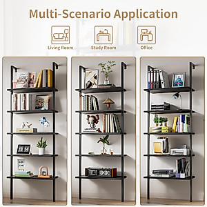 Flamaker 5-Tier Bookshelf Industrial Wall Mount Ladder Bookshelf, Wood Board and Metal Frame, Modern Tall Narrow Storage Organizer for Home Office (Black)