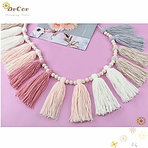 DrCor Pink Grey Yarn Tassel Garland Boho Preppy Bunting Banner Wall Hanging Decor for Classroom Office Birthday Party Nursery Kids Bedroom Baby Shower Decoration