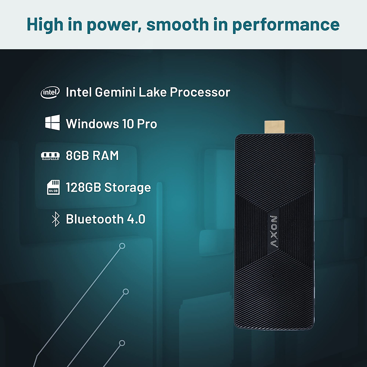 Fanless Axon LAN Mini PC Stick, Intel Gemini Lake 41 Series Processor, Windows 10 Pro, 8GB RAM + 128GB eMMC. Support 4K HD, 2.4/5G WiFi, BT 4.0