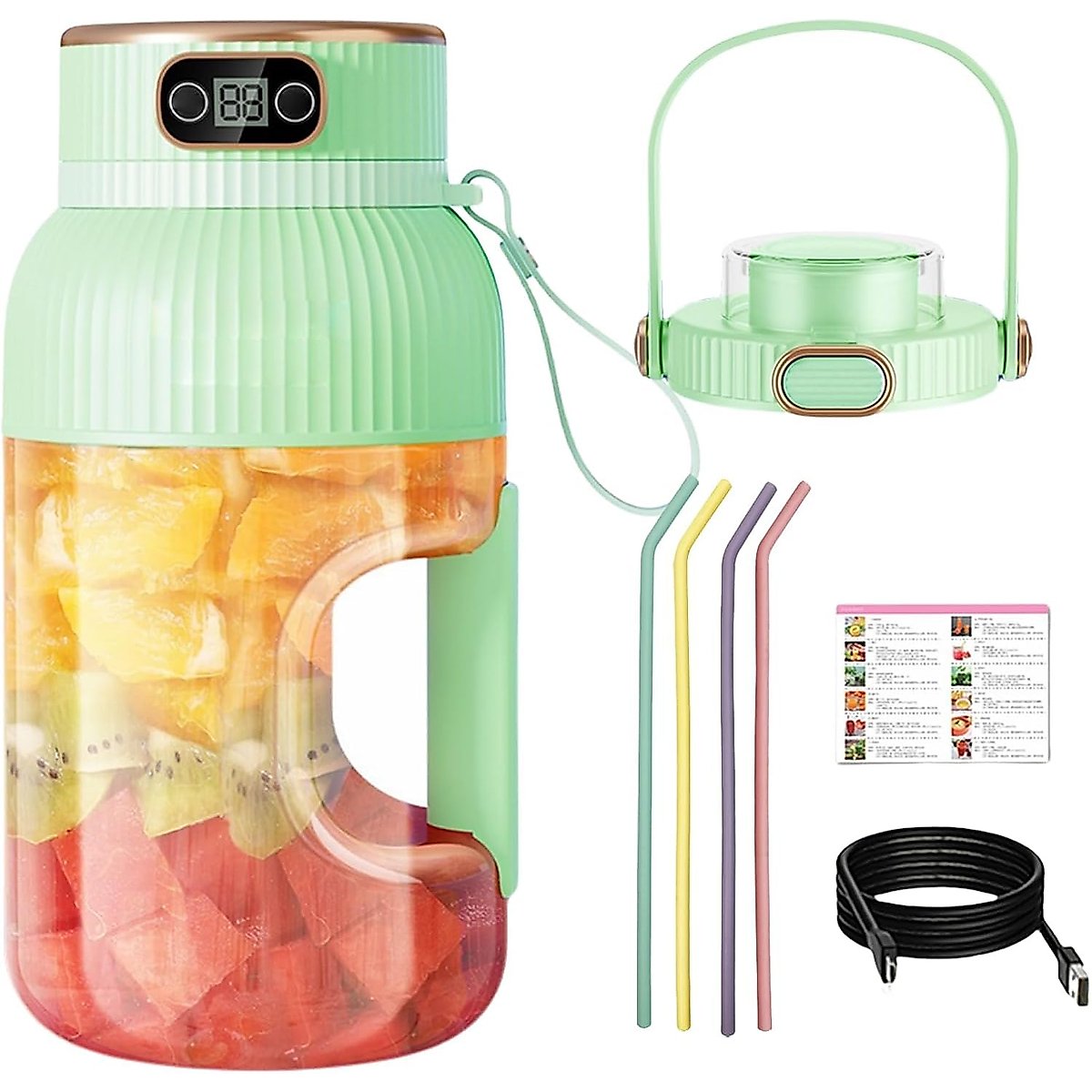 Multifunctional Portable Juicer Cup with Digital Display， Fruit Mixers Juicers Electric Juicer, Wireless Portable Blender Rechargeable for Shakes and Smoothies (Single bottle with two caps, Green)