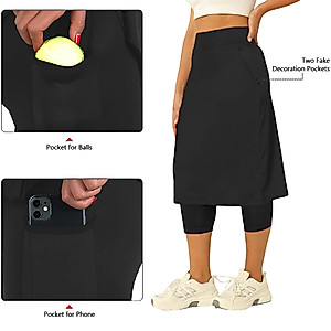 Aurgelmir Womens Tennis Skirt with Capris Leggings Golf Knee Length Skorts Athletic Long Skirts for Women with Pockets Black