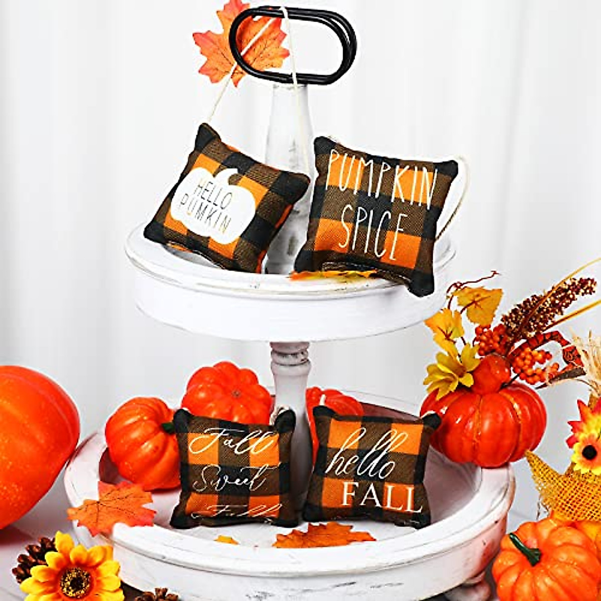 4 Pieces Christmas Mini Pillows Decorations Buffalo Plaid Pillow Plaid Mini Throw Pillow Tiered Tray Decor Home Living Room Bedroom Thanksgiving Party Fall Decor for Tiered Tray(Orange and Black)