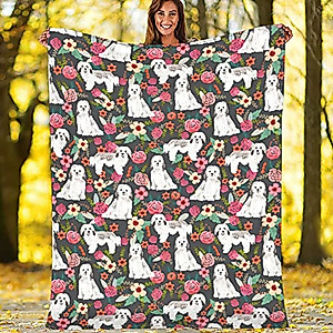 Cute Havanese Dogs Lovers Pink Rose Flower Floral Funny Dog Puppy Animals Boho Style 3D Print Blanket throw Ultra Soft Light Cozy Flannel Blankets For Bedroom Bed And Sofa Quilt Birthday Gifts 50"x40"