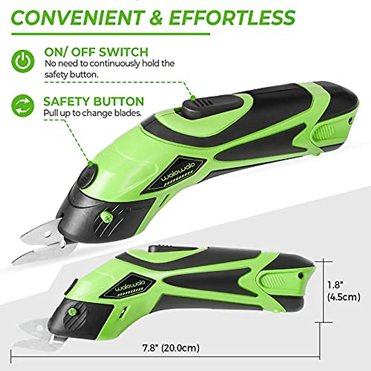 walowalo Electric Fabric Scissors Box Cutter 2 Rechargeable Batteries 2 PCS Blades for Crafts Sewing Cardboard Scrapbooking Leather 4V Li-Ion Power Cordless Shears Cutting Tool (Fast Charge Version)