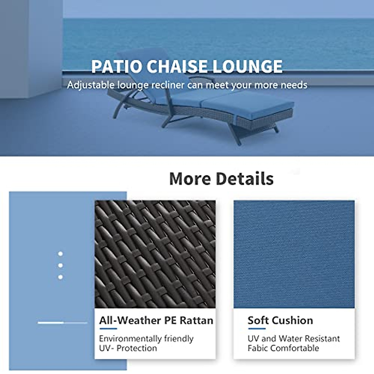 GYUTEI Patio Lounge Chair Rattan Chaise Lounge Chair with Adjustable Backrest Thickened Cushion,PE Rattan Steel Frame Outdoor Reclining Chaise for Patio Backyard Porch Garden Poolside(Light Blue)