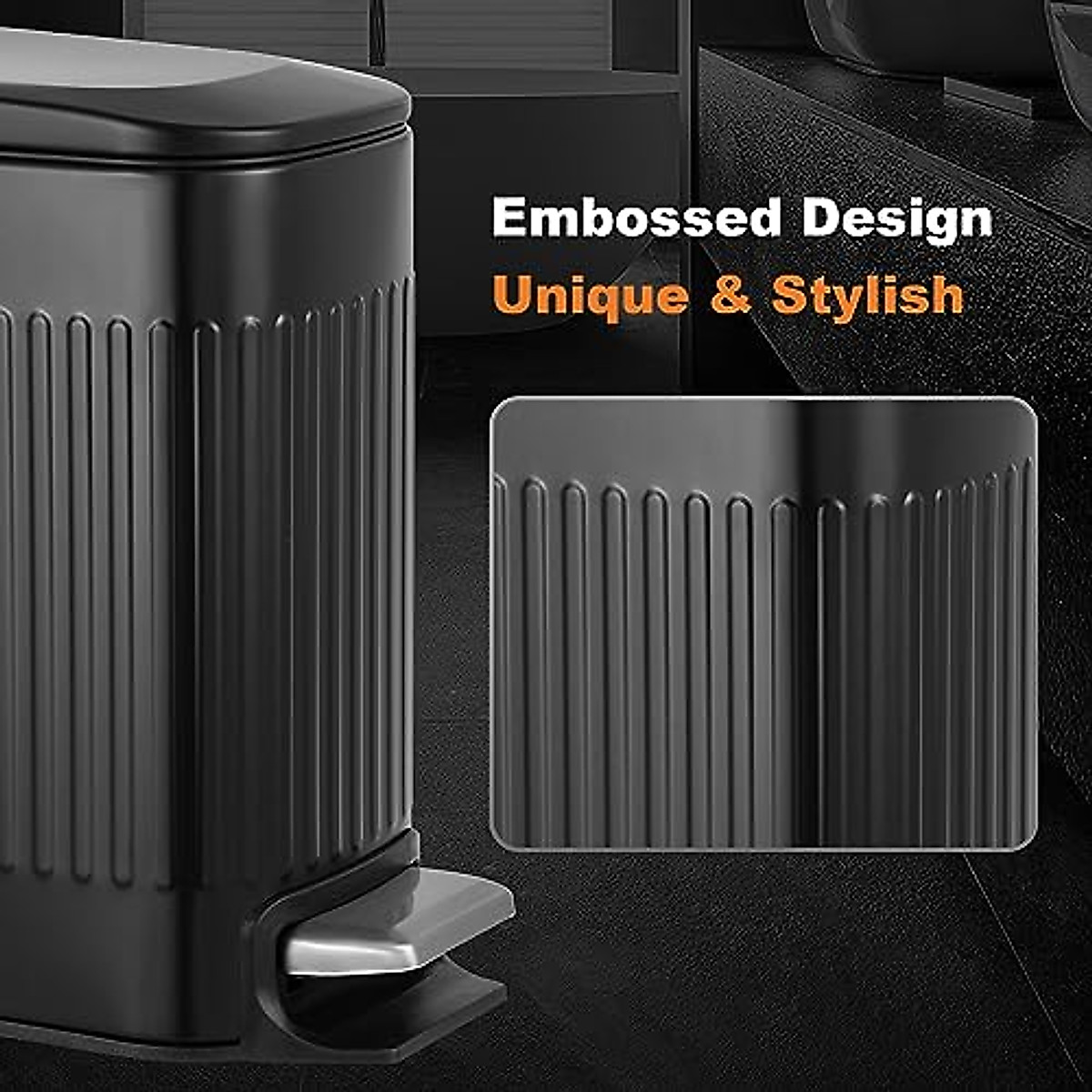 TrashAid Small Black Bathroom Trash Can with Lid Soft Close, 6 Liter / 1.6 Gallon, Stainless Steel Garbage Can with Removable Inner Bucket, Step Pedal, Slim Wastebasket for Toilet, Office, Bedroom